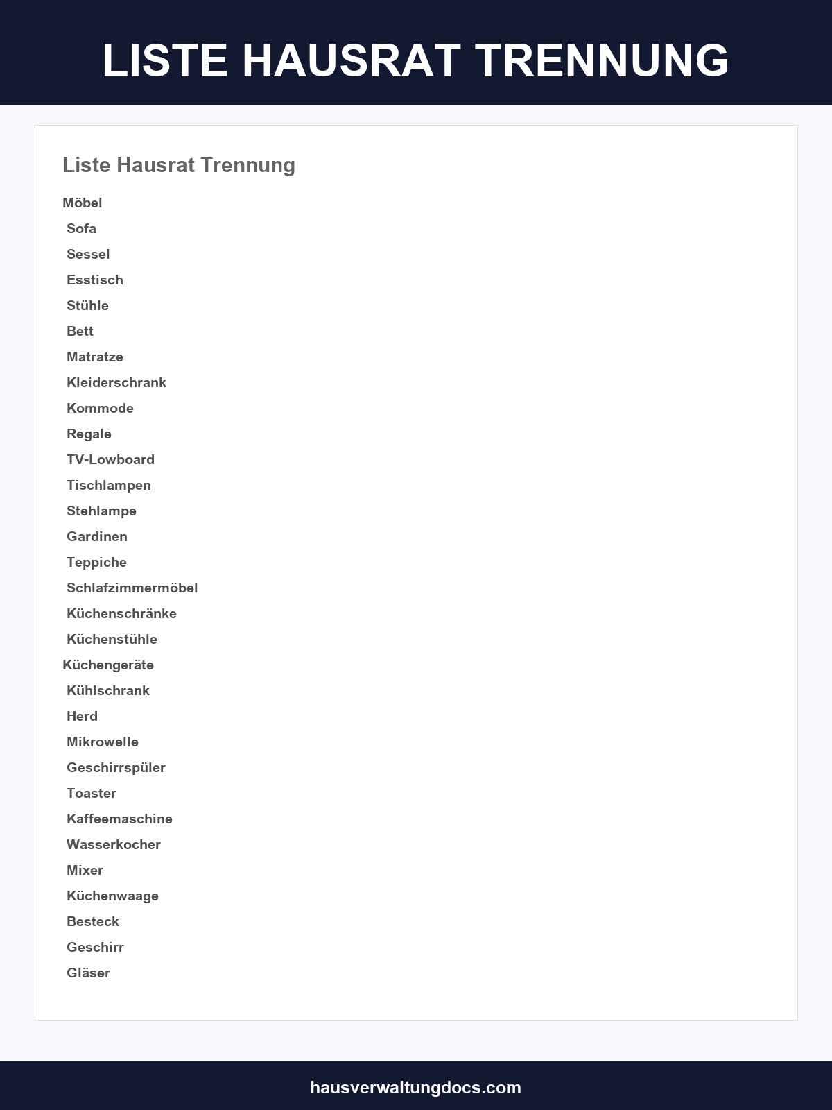Liste Hausrat Trennung Vorlage